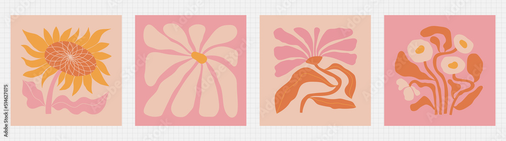 Groovy hippie flower print set. Psychedelic stickers collection with ...