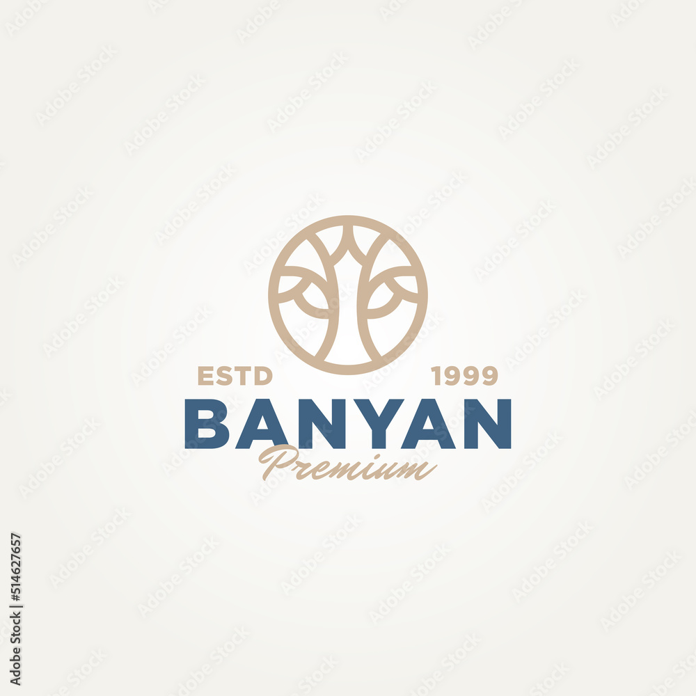 minimalist banyan tree line art icon logo badge template vector ...