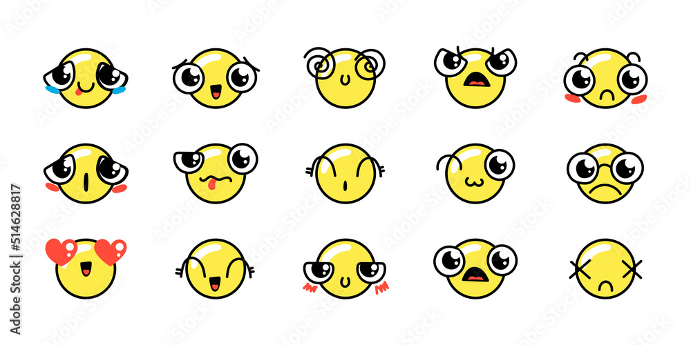 Various Cartoon Emoticons Set. Doodle faces, eyes and mouth. Caricature ...