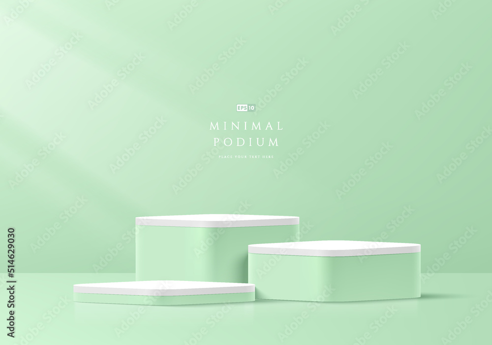 Set of green and white round corner cube pedestal podium. Minimal wall ...