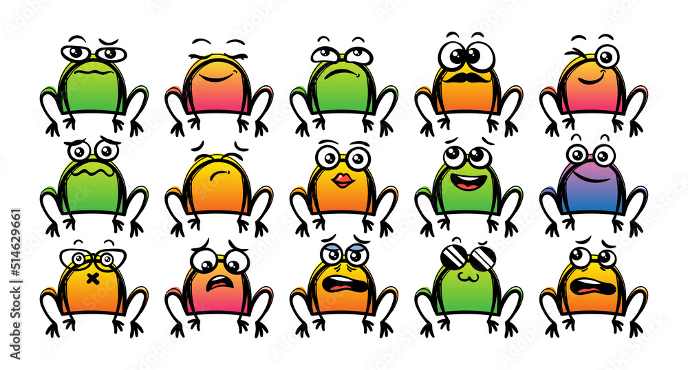 Various Cartoon Toads Set. Doodle faces, eyes and mouth. Caricature ...