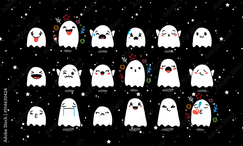 Set of Various Cartoon Ghosts with Emoticons. Doodle ghouls, eyes and ...