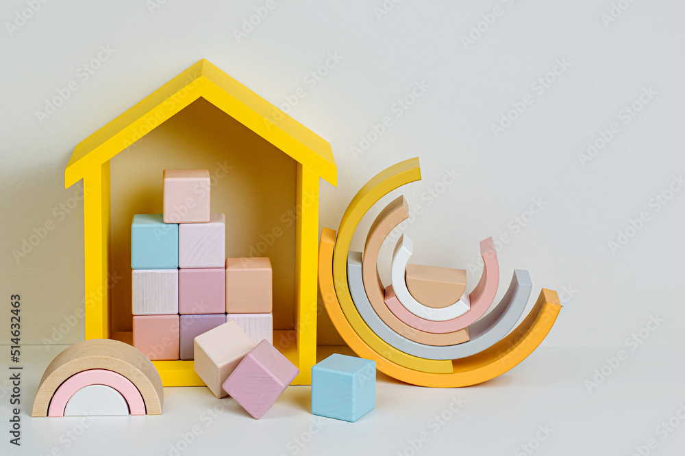 Shelf with wooden toys. Modern kids toys to play and for decorating ...