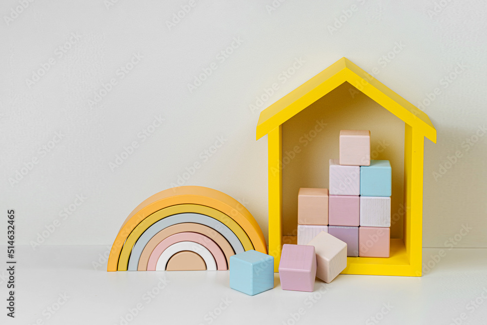 Shelf with wooden toys. Modern kids toys to play and for decorating ...