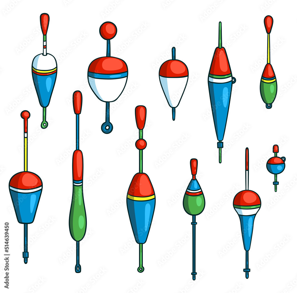 Set of fishing floats. Vector cartoon Illustration. Isolated on white ...