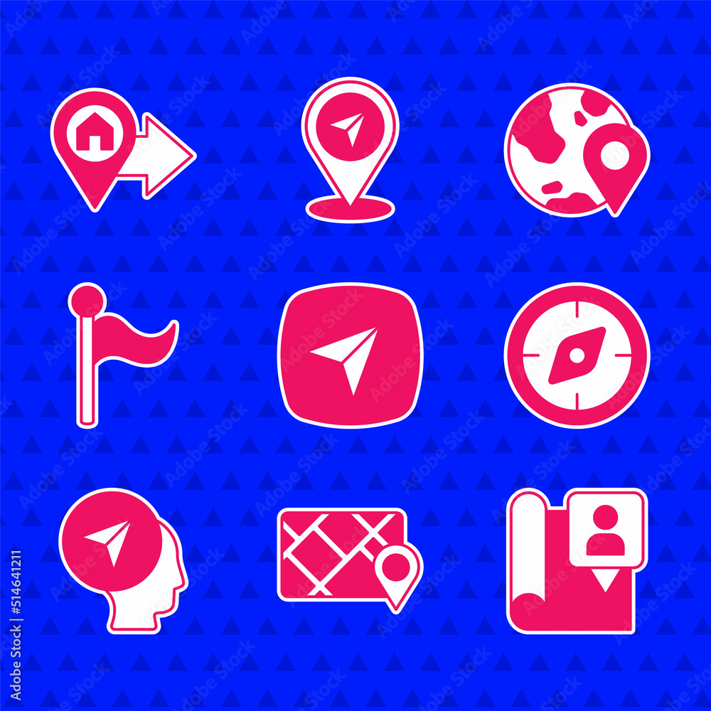 Set City map navigation, Gps device with, Folded location marker, Compass, Map human, Flag ...