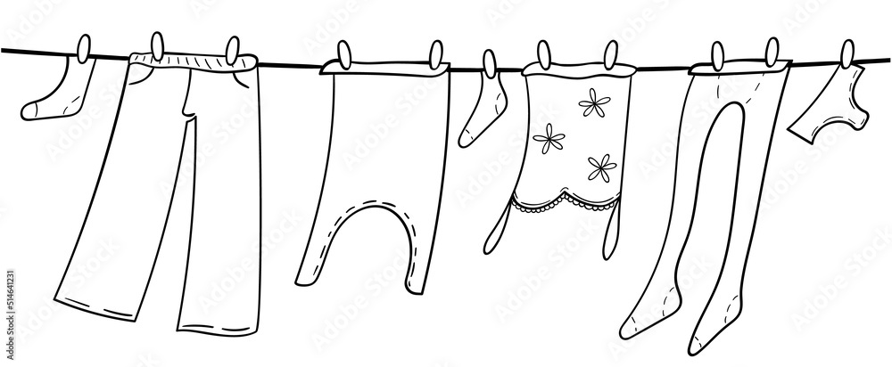 Clothes hanging on a rope. Pants, shirt, socks is drying. Cartoon flat ...
