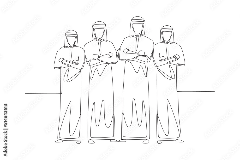 Continuous line drawing four Arab businessman in traditional cloth ...