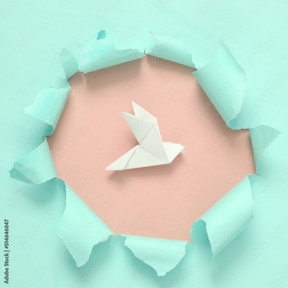 Origami bird through torn hole on blue-pink pastel background. Concept ...
