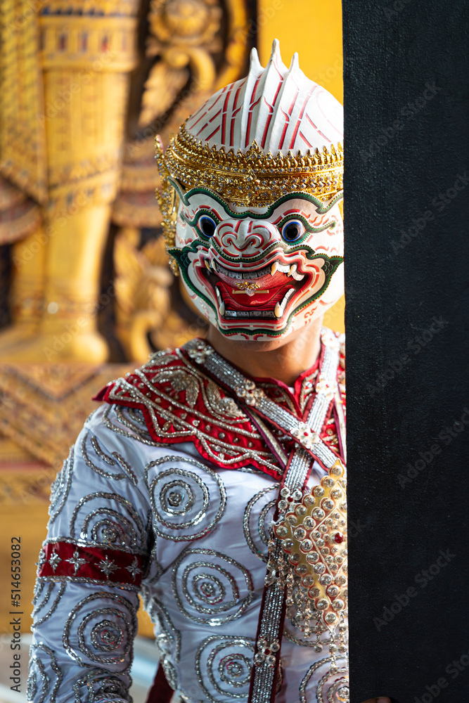 Hanuman, the main character in the Ramayana poem. (Khon). Thai culture dancing art in masked ...