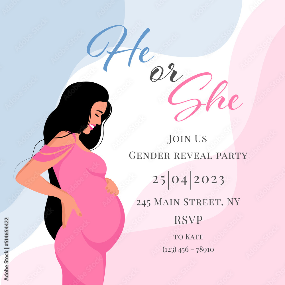 Invitation for gender reveal party with pregnant mother. Vector flat ...