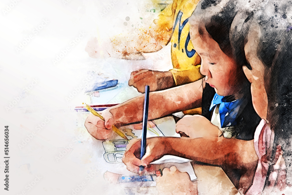 Abstract colorful Kids boy and girls learning drawing in holiday ...