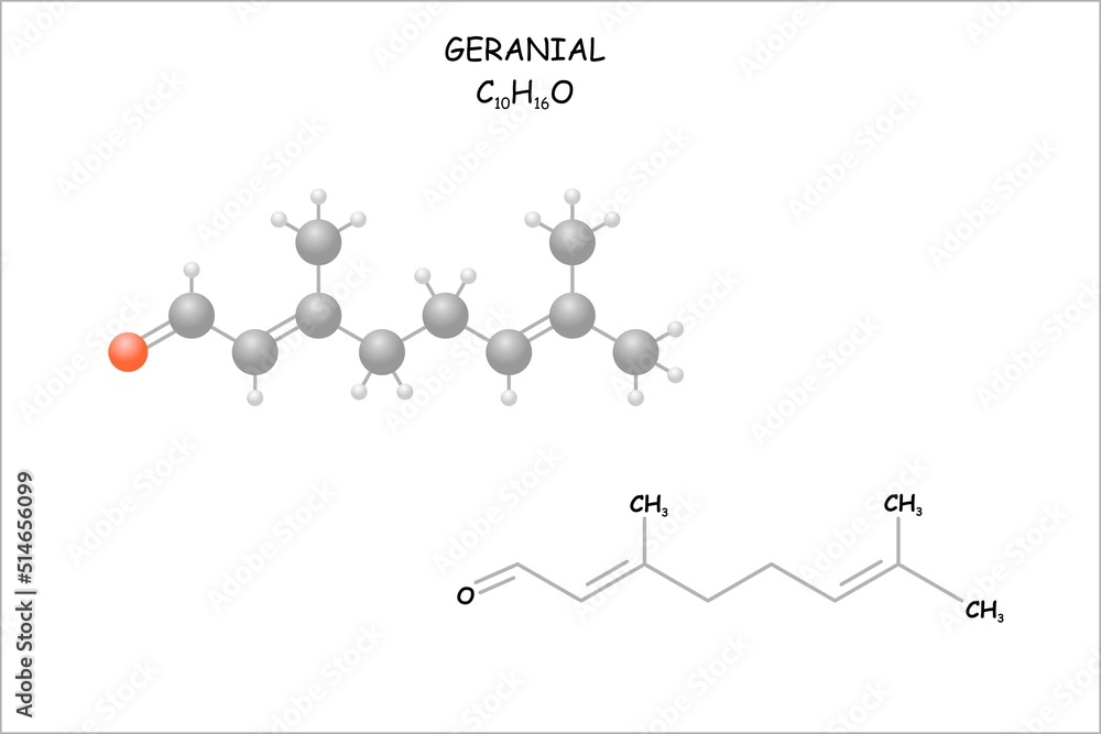 Stylized molecule model/structural formula of geranial. Stock Vector ...