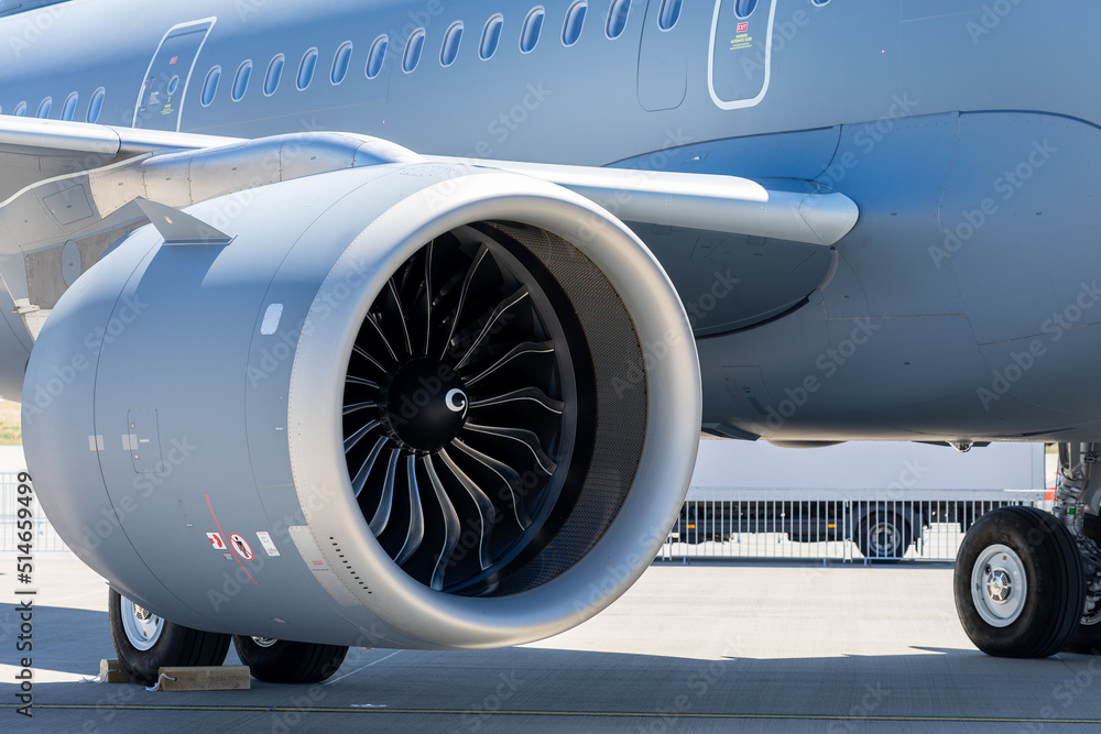 Jet engine, part of the wing and fuselage of a passenger aircraft ...