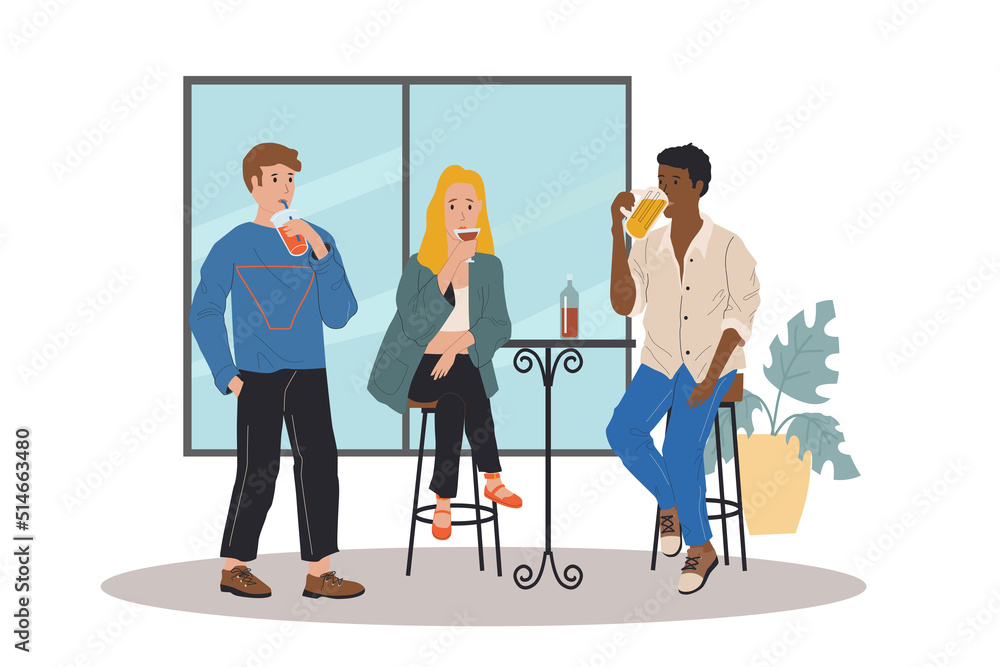 People drink in bar. Cartoon characters with beer or wine bottles ...