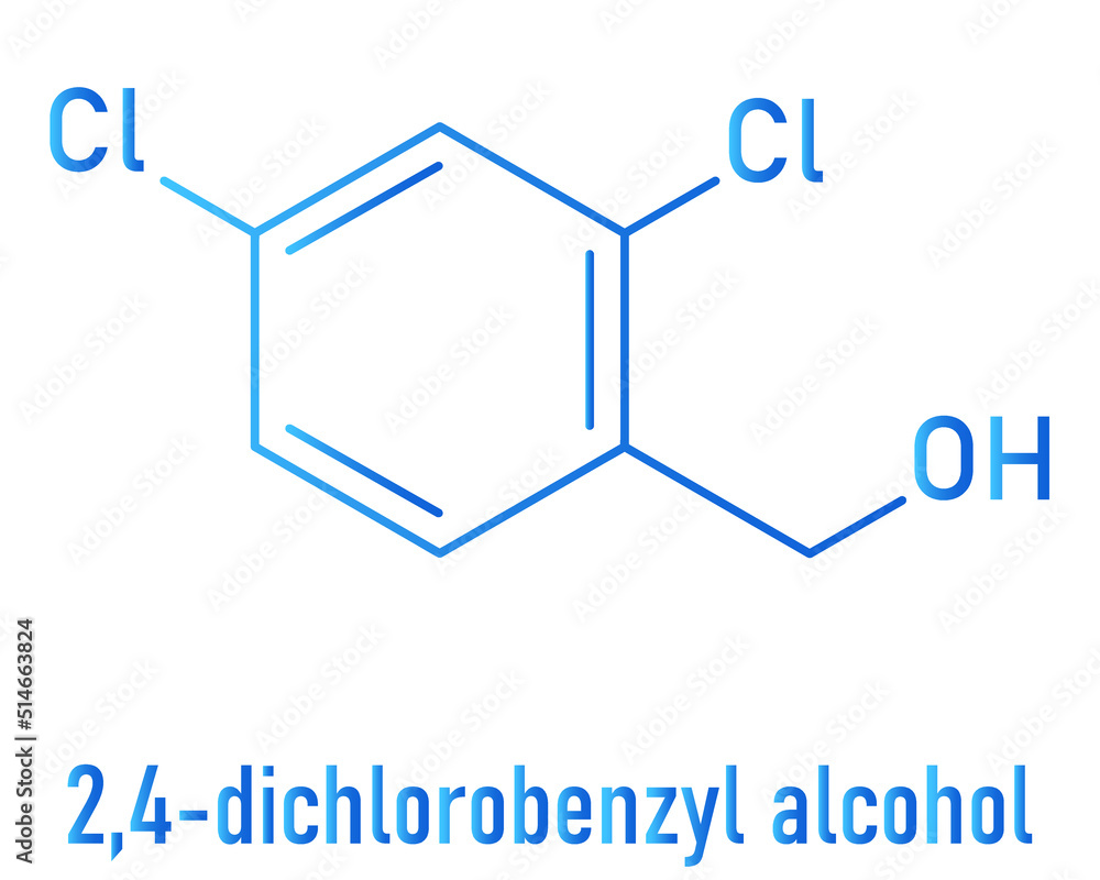 Skeletal formula of 2,4-dichlorobenzyl alcohol antiseptic drug molecule ...