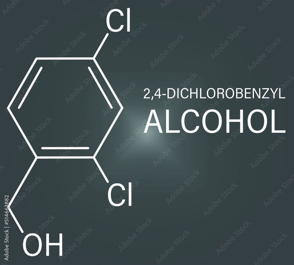Skeletal formula of 2,4-dichlorobenzyl alcohol antiseptic drug molecule ...