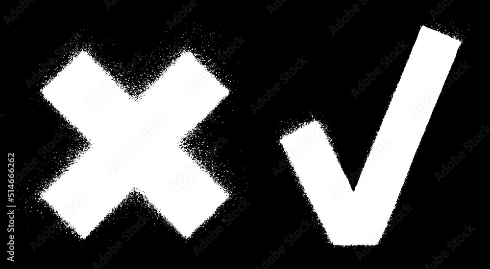 Hand drawn cross and check marks. Spray paint stencil symbols. Street ...