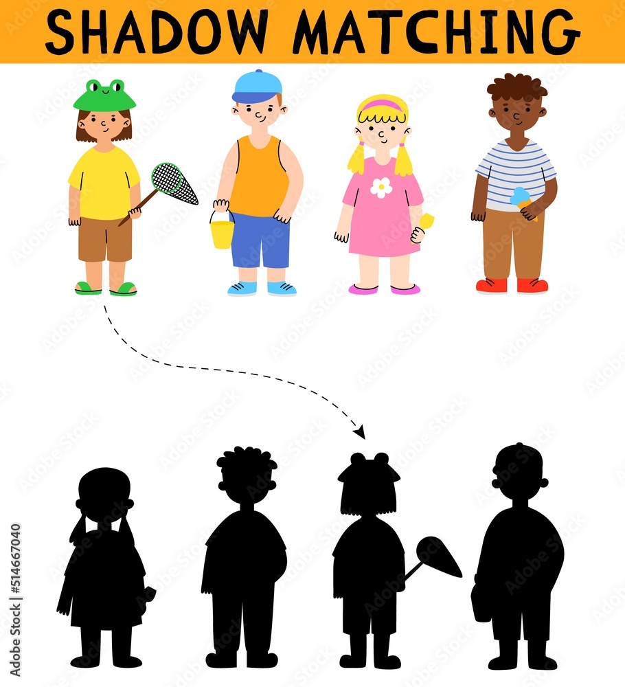 Cute kids shadow matching activity for children. Simple educational ...