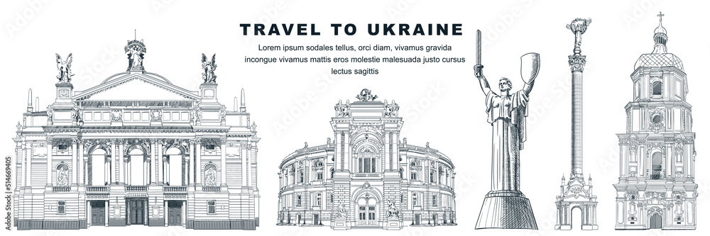 Travel to Ukraine hand drawn landmarks design elements. Vector sketch ...