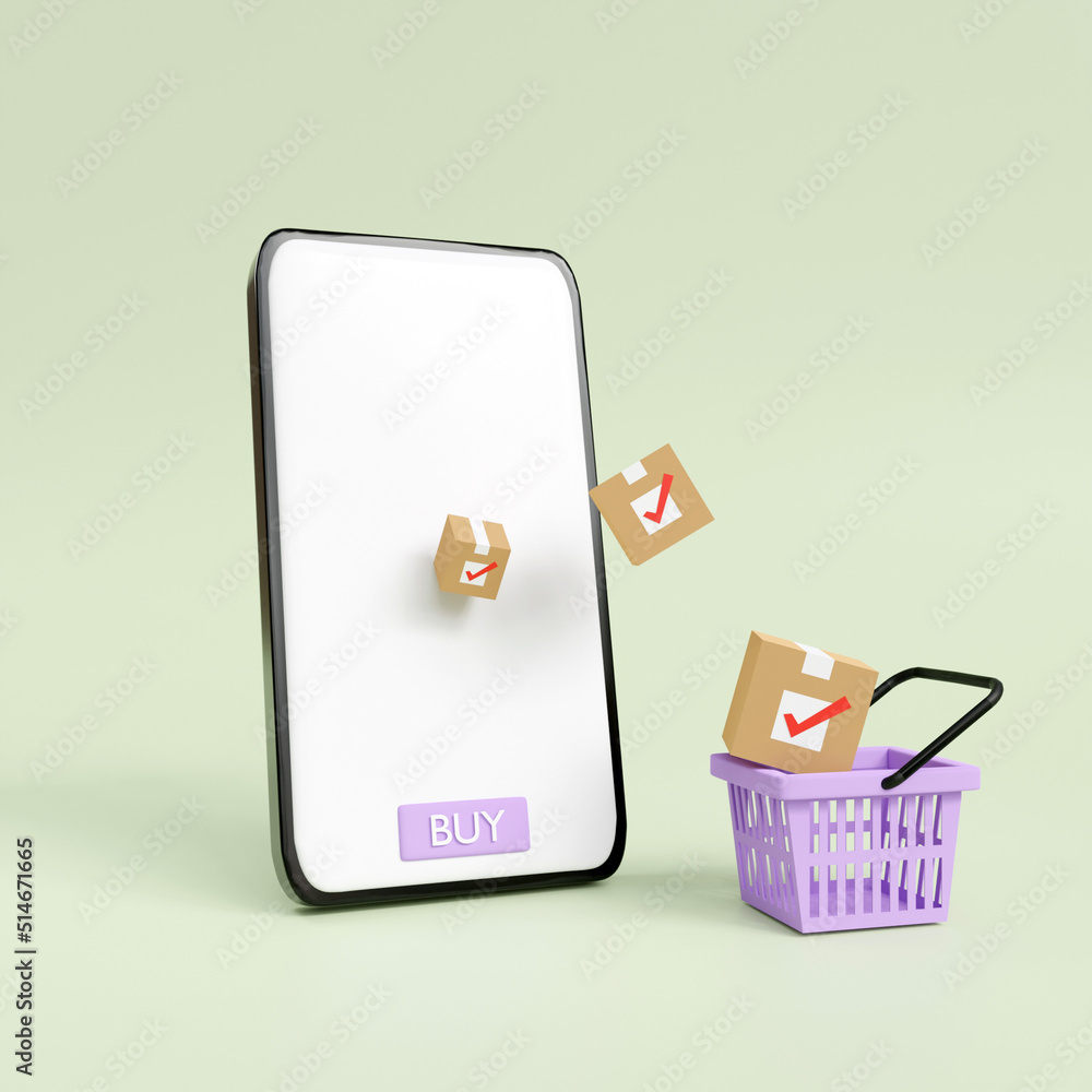 3D Purple shopping basket and parcel box with red checkmark on the box ...