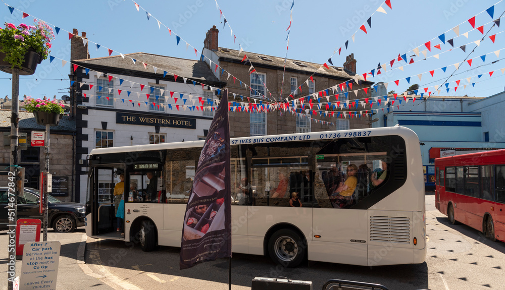 St Ives, Cornwall, England, UK. 2022. Public buses on Gabriel Street in ...