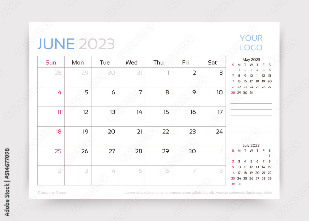 June 2023 year calendar. Planner calender template. Week starts Sunday ...