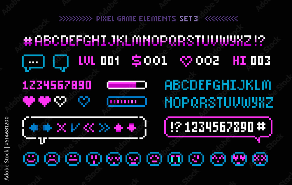 Pixel Arcade game elements with icons, signs and font alphabet. loading ...