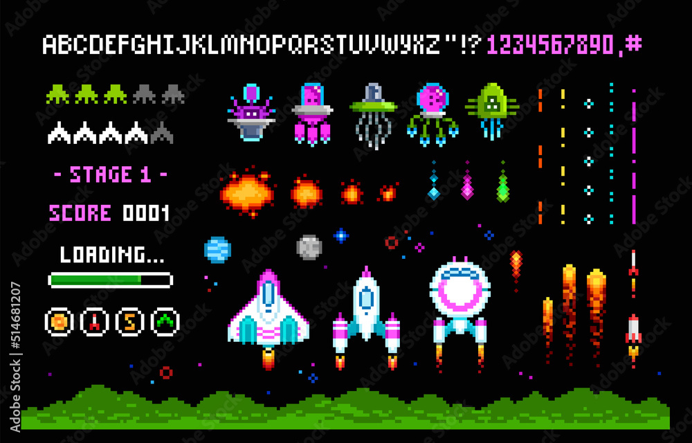 Pixel Art 8 bit arcade game interface elements with icons. Ufo aliens ...