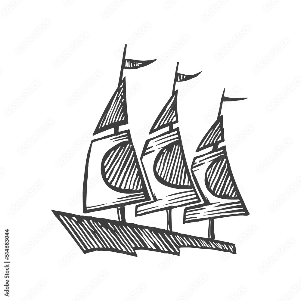 Sailing yacht floats on waves. Side view. Vector sketch. Hand drawing ...