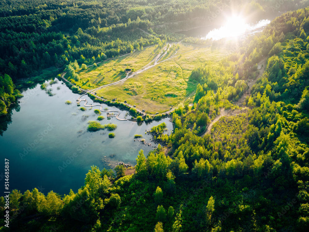 Turquiose Water and Wooden Bridge. Aerial Landscape. Park Grodek in ...