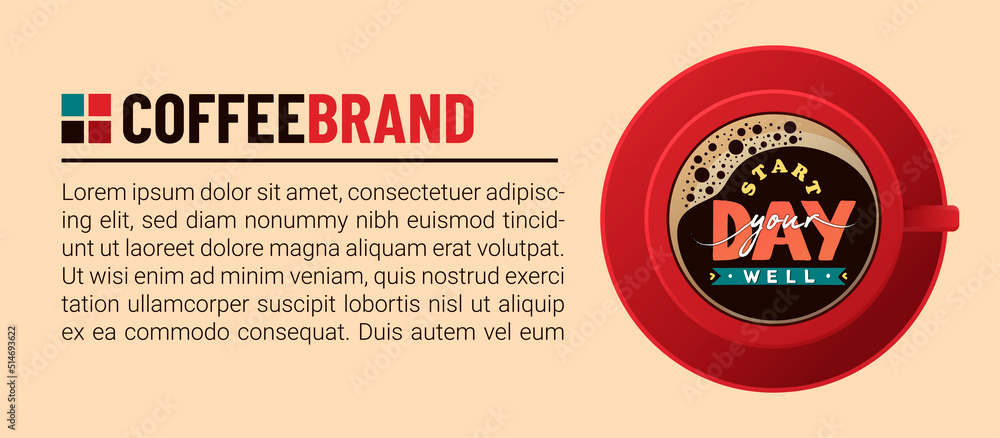 Vector banner with sample logo and text, illustration of red coffee cup ...