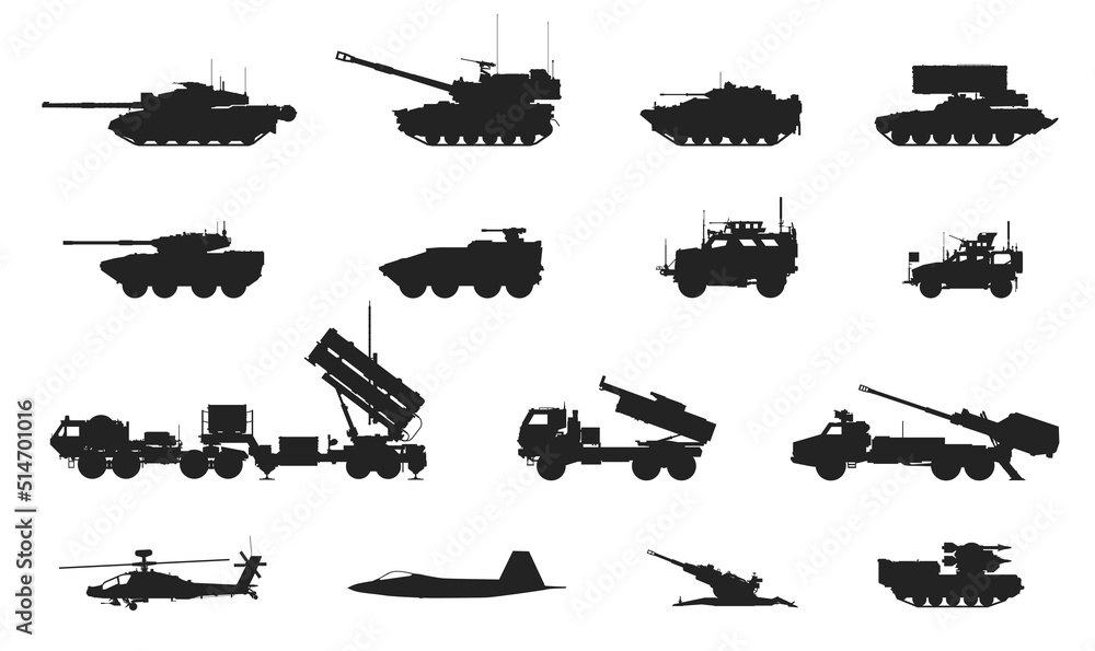military equipment icon set. weapon, air force and army symbol ...
