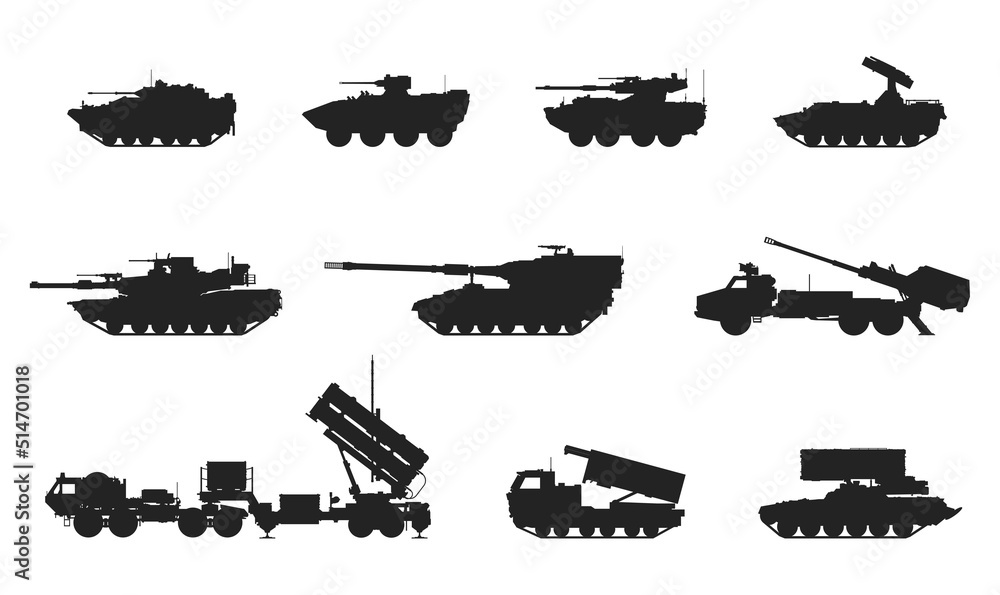 heavy military vehicle equipment set. weapon and army machines symbol ...