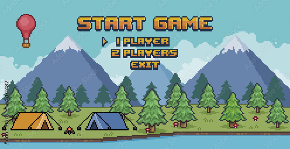 Pixel art camping game menu. game selection menu with pine trees ...