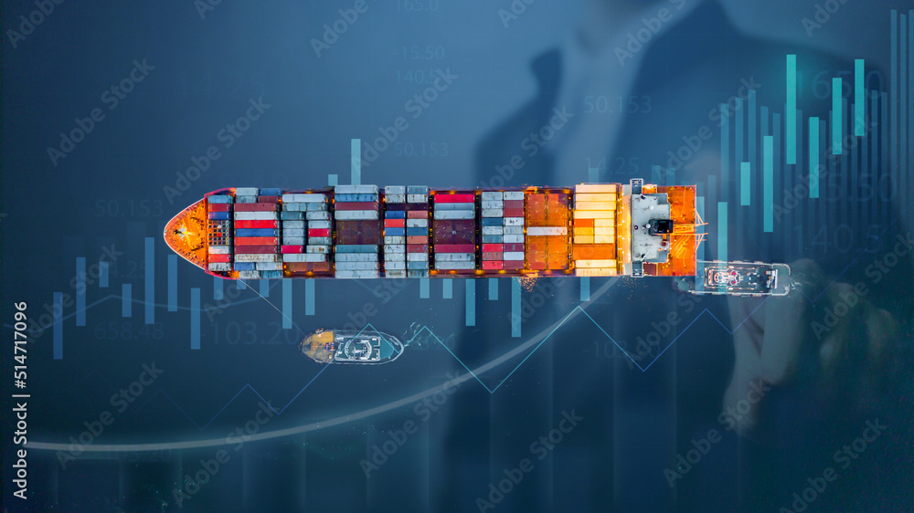 Aerial view container ship with business graph analysis, Global ...