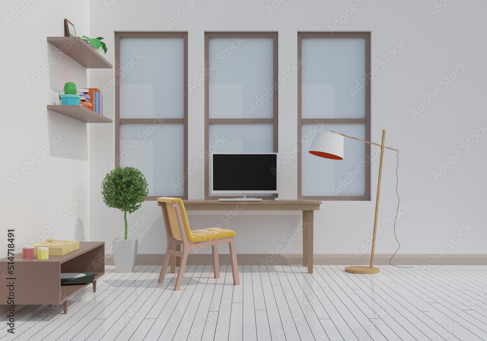 3D render of interior modern living room workspace with desk and ...