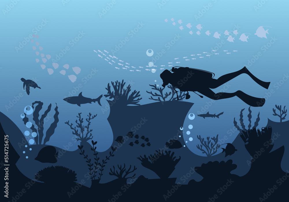 silhouette of coral reef with fish and divers on blue sea background ...