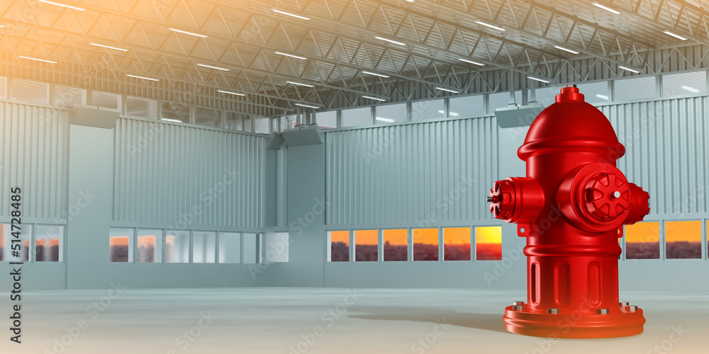 Fire hydrant inside hangar. Empty storage room with hydrants. Warehouse ...