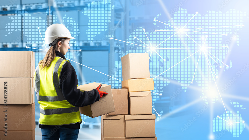 Logistic woman. Girl with boxes in front of world map. Silhouettes of ...