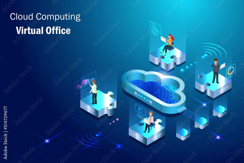 Virtual office teamwork working on cloud computing technology, Business ...