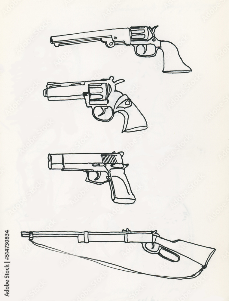 Drawing of several types of fire weapons. A peacemaker, revolver ...