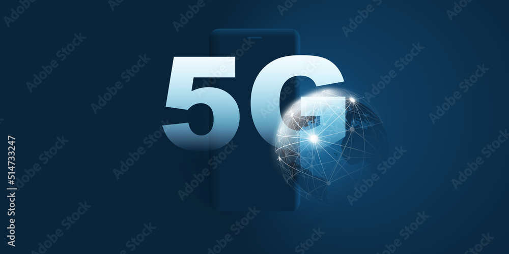 5G Network Label with Earth Globe, Smart Phone Symbol and Polygonal ...