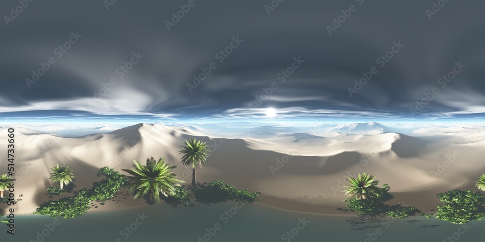 Oasis at sunset in a sandy desert. Environment map. HDRI . equidistant ...