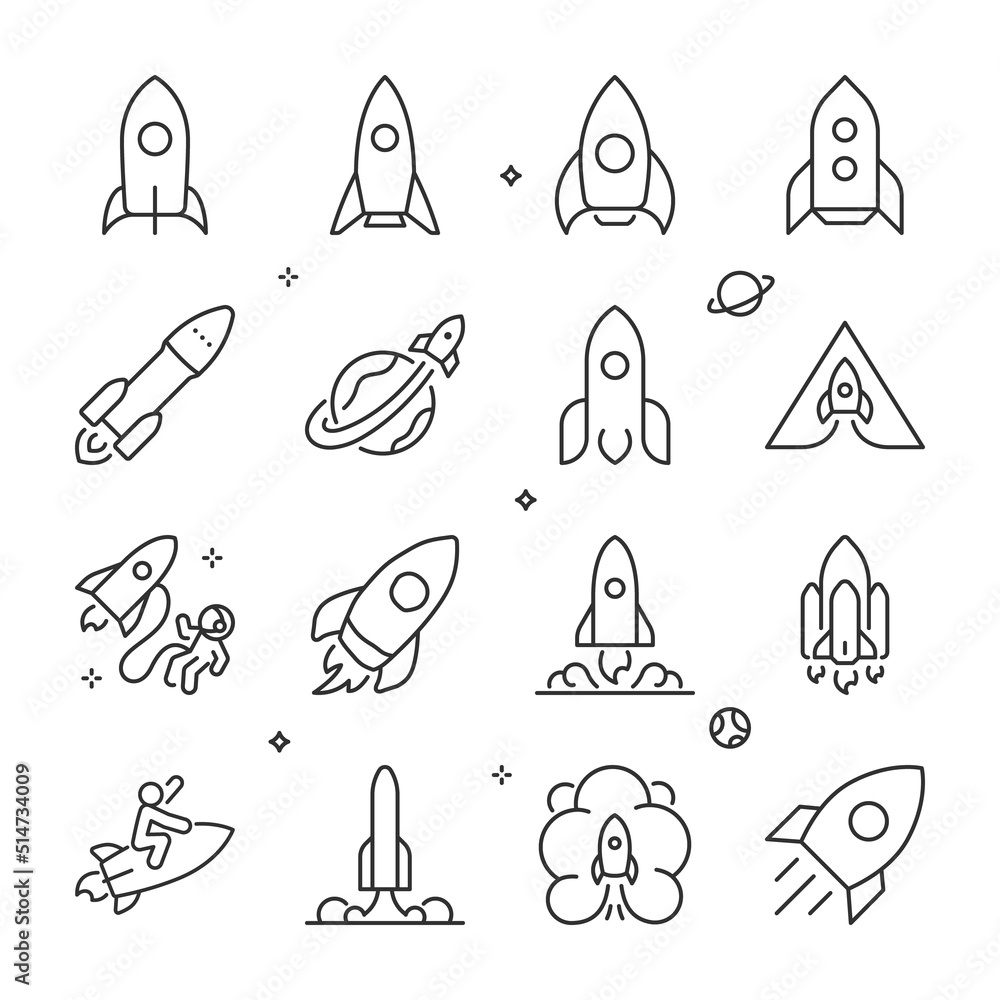 Rocket icons set. Rockets of different shapes. Spaceships , linear icon ...