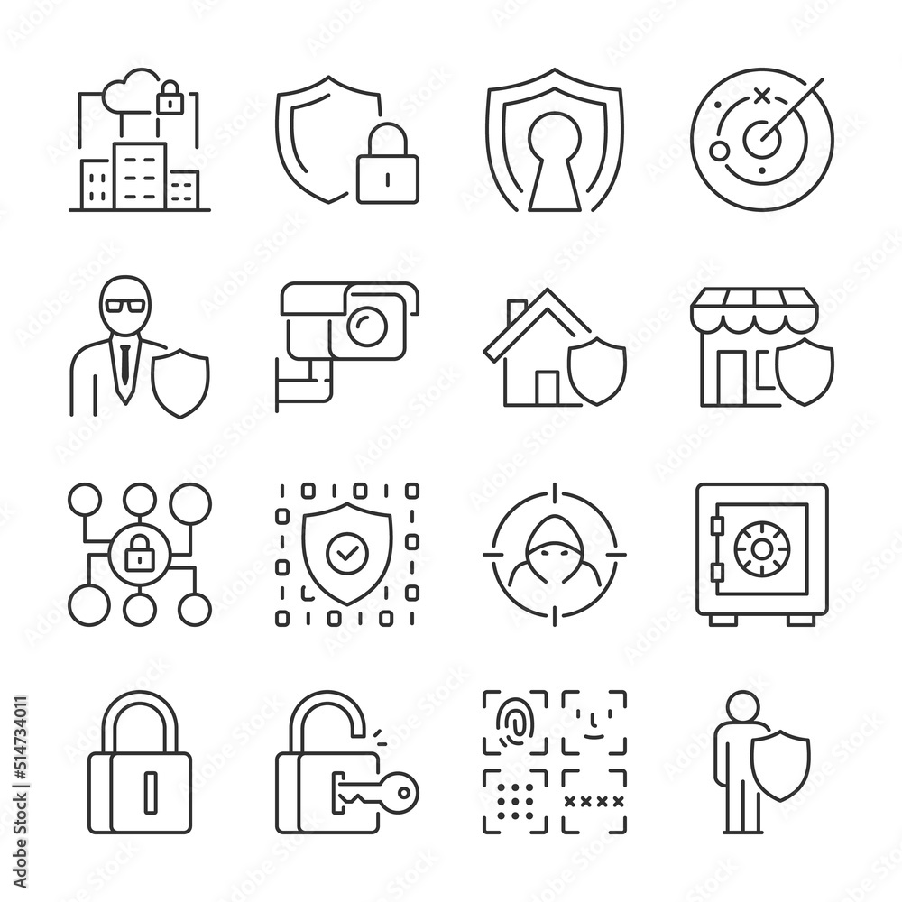 Security and protection system icons set. Digital safety and control ...