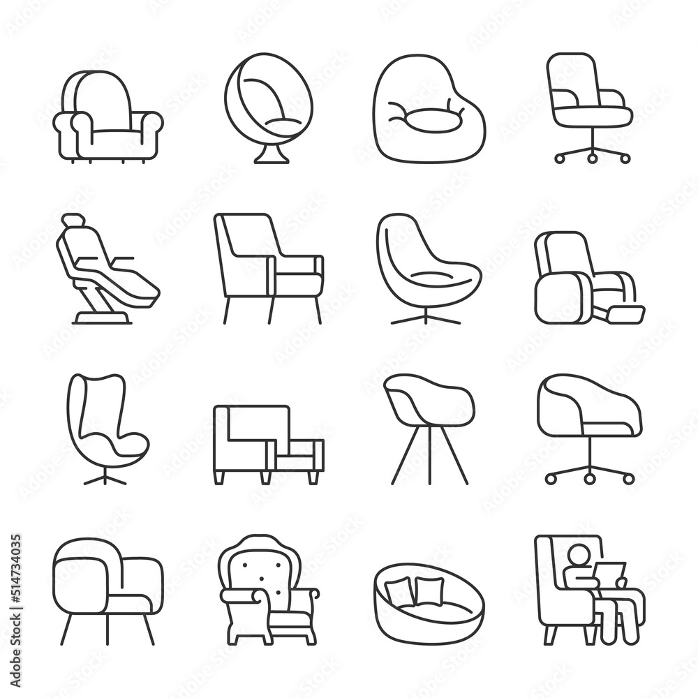 Chair icons set. Chairs of different shapes and styles. classical and ...