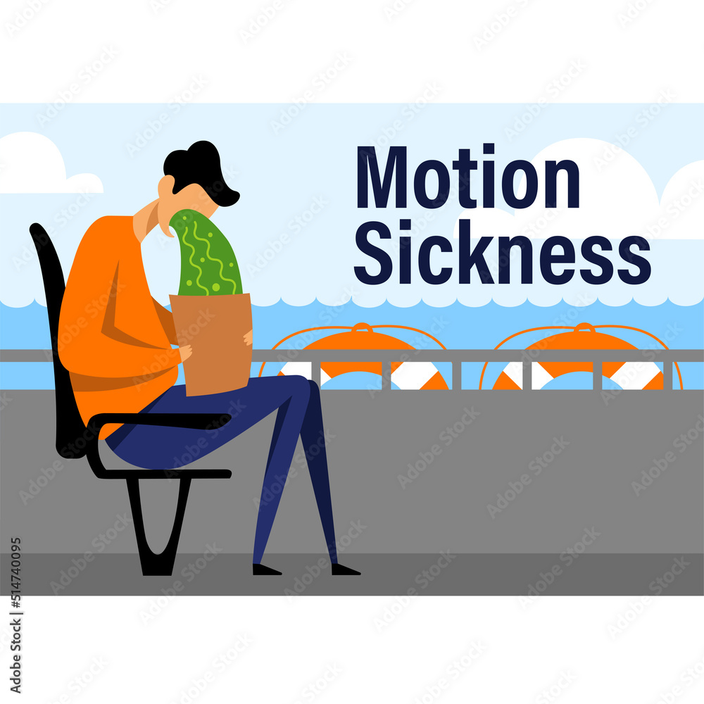 A vector image of a man in the ship with motion sickness and dizziness ...