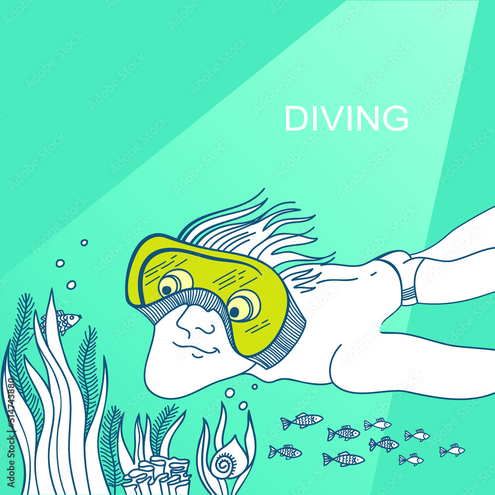 Diving man swimming underwater sea in swimming mask. Vector hand drawn ...