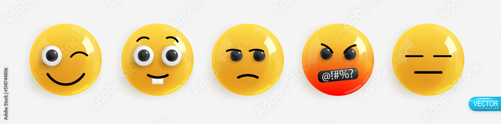 Emotion Realistic 3d Render. Set Icon Smile Emoji. Vector yellow glossy ...